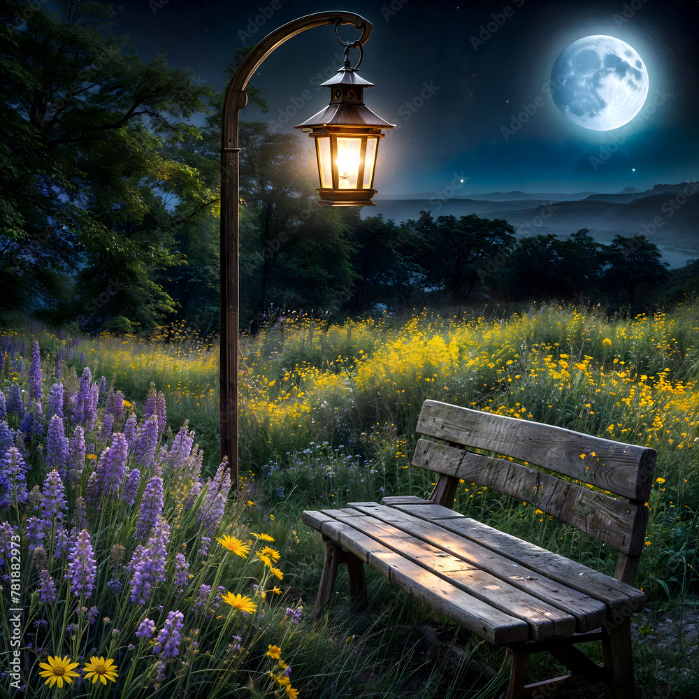 benches in the park with brightly shining moon and flowers in the night ...