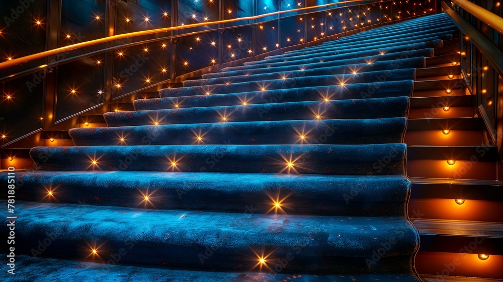 Stairs with a blue carpet and lights, stairs leading to the stage of an ...