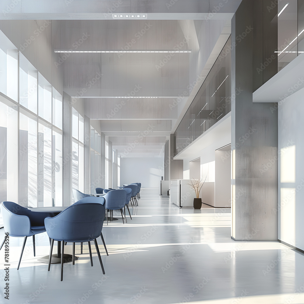 Interior open empty office cafe, restroom for break. White hall with ...