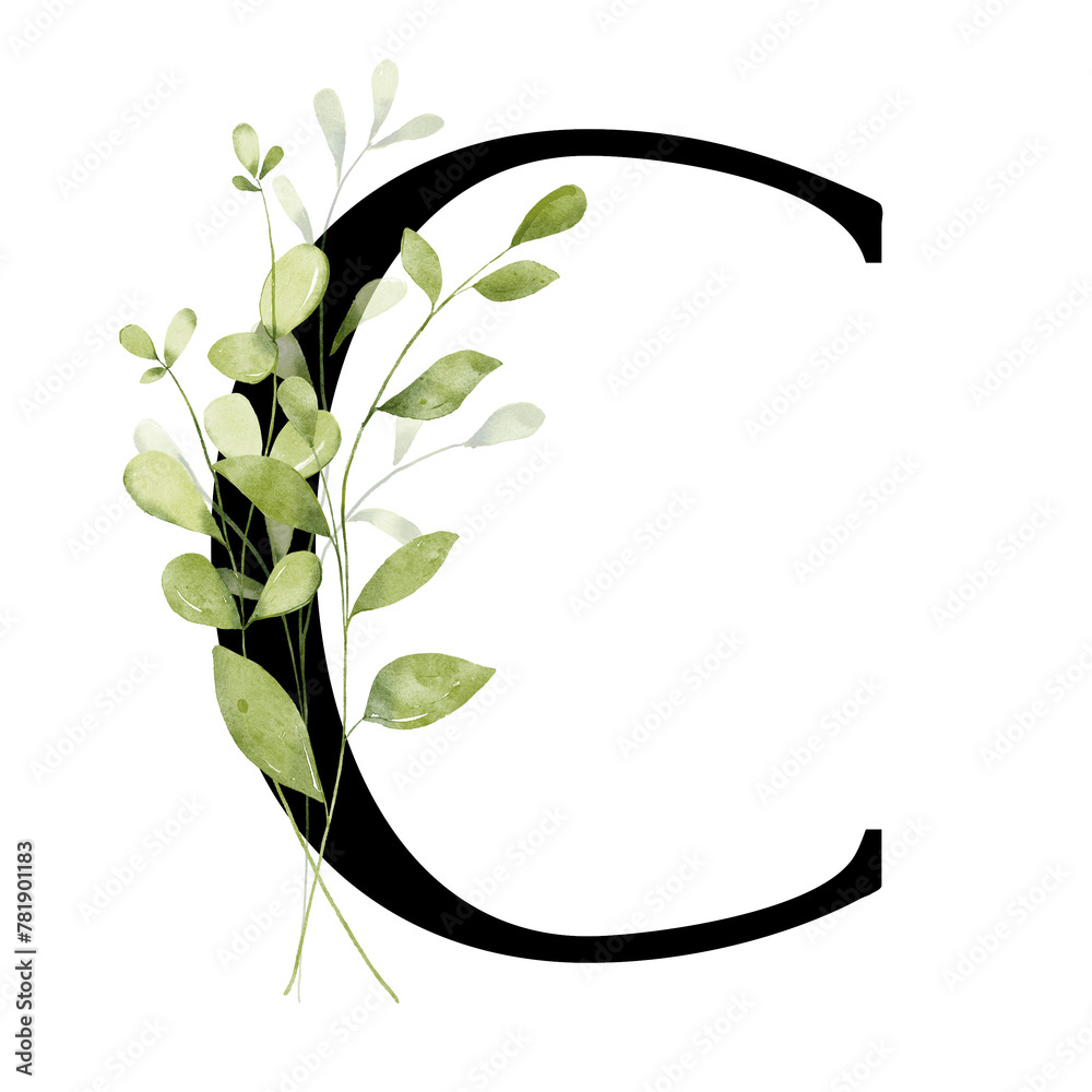 Letter C, floral monogram with watercolor leaf. Letterhead, initial ...