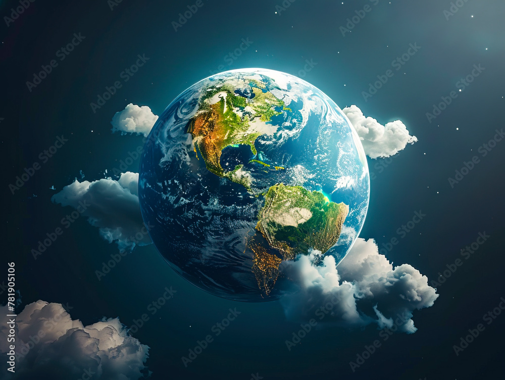 Hyper-realistic 3D globe view Earth from space with desaturated tones ...