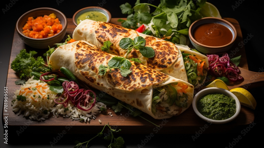 wide top view background photo, delicious masala dosa and curries on a ...