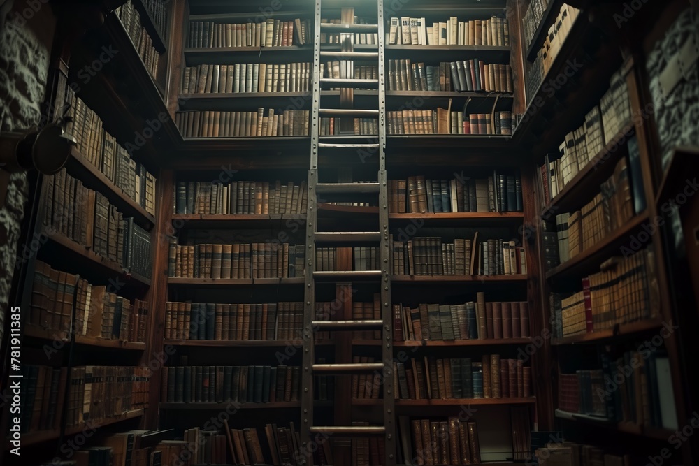 grand old library with sliding ladder and endless bookshelves Stock ...
