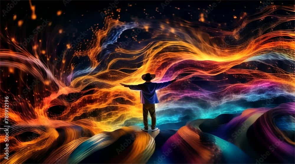 Man standing with arms outstretched amidst vibrant abstract energy ...