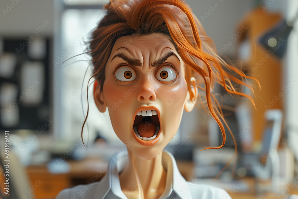 Cartoon woman with surprised expression, boss screaming in office ...