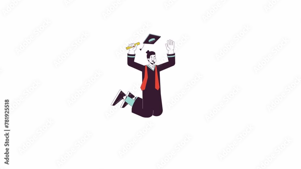 European male graduate throwing graduation cap line 2D character ...
