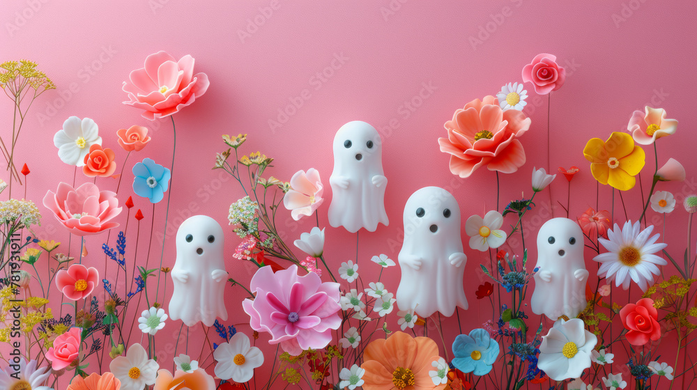 A group of white ghosts are standing in a field of flowers. The flowers ...