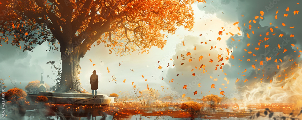People standing alone under big tree background, Rest in peace concept ...