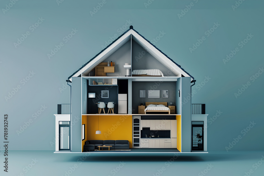 Miniature model of house in section with interior rooms, building ...