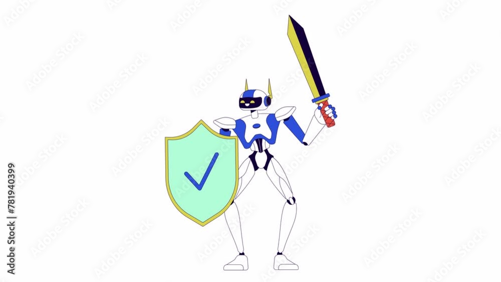 Posing robot with shield and sword line 2D character animation. Cyber ...
