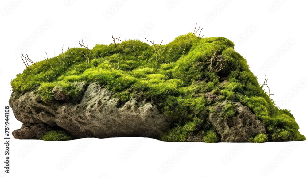 Floating rock island covered by green moss, grass and fern, isolated on ...