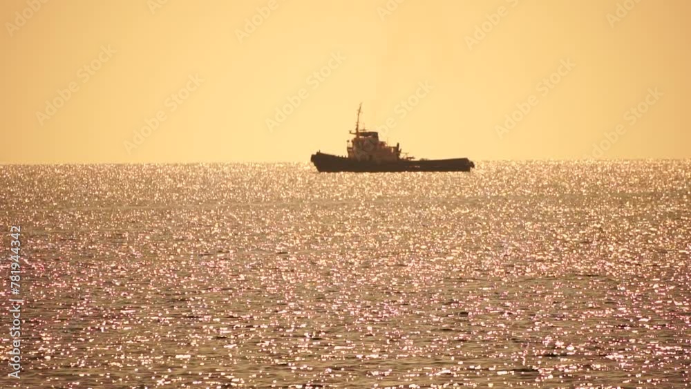 Tug boat in open calm sea, heading back to port at sunset, helps large ...