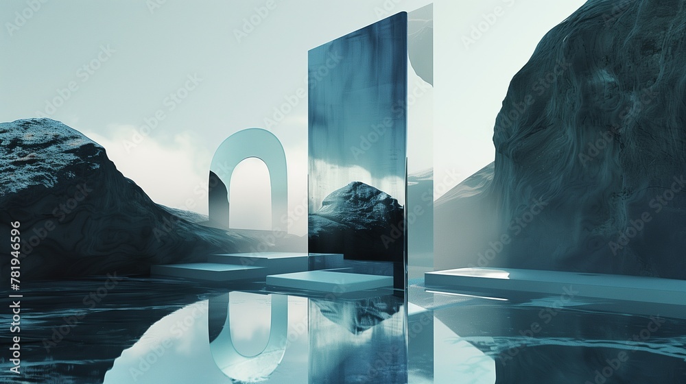 Surreal landscape featuring reflective glossy water surfaces and mirror ...