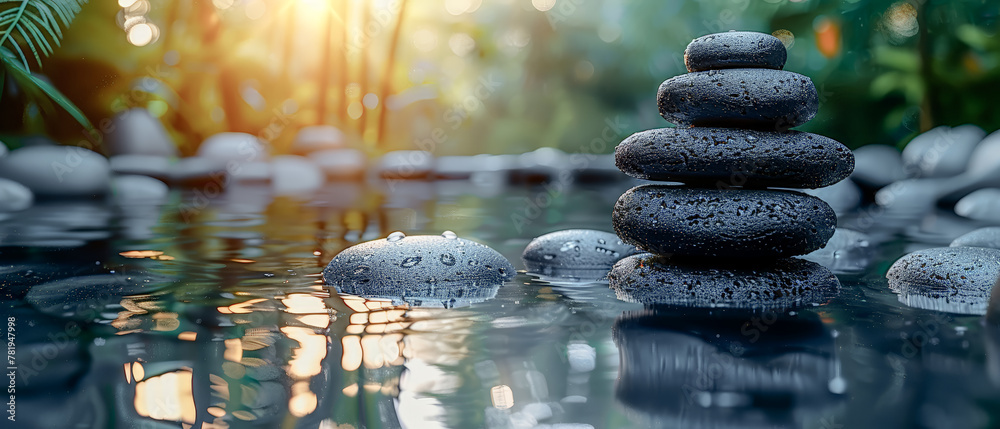 Zen Stones and random Bamboo with a Water Reflection on an Eco-Nature ...