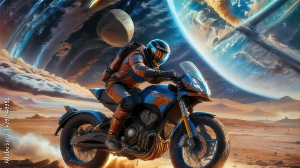 A motorcyclist clad in a space suit rides on an alien planet with vivid ...