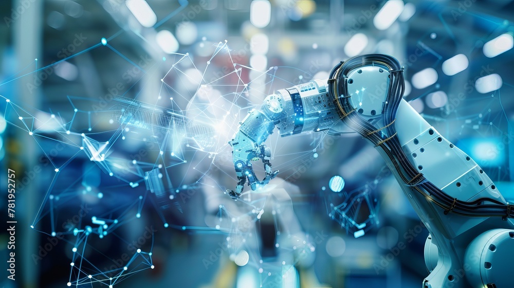 Car Factory Digitalization Industry Concept: Automated Robot Arm ...