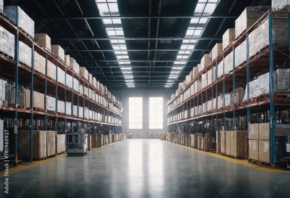 Large warehouse full of packed boxes with big exit at the end of ...