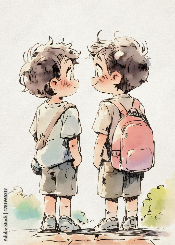 Cartoon Drawing: Two Young Boys, Brothers, Best friends Stock ...