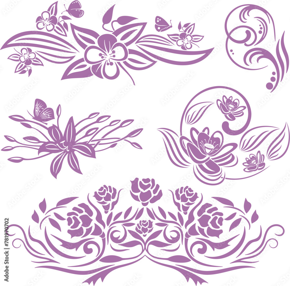 Set of exquisite ornamental floral designs with flowers, butterflies ...
