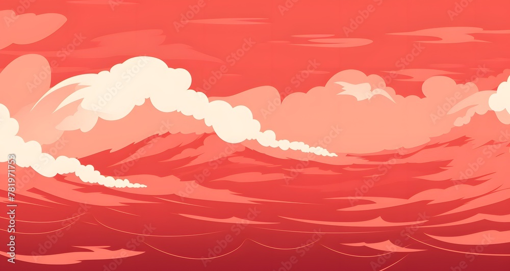 cartoon sea wave on red sky and clouds illustration Stock Illustration ...
