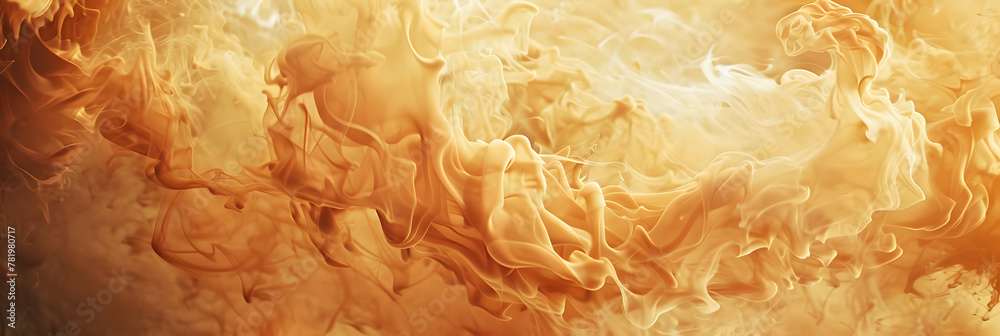 A close up of a wood fire with amber flames and smoke swirling into the ...