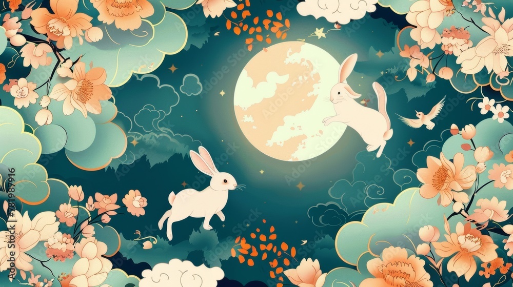 Jade rabbits hopping in a vintage design background with flowers, a ...