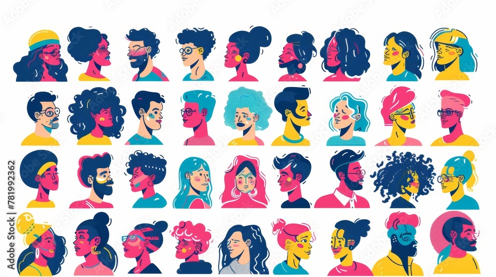 An illustrative set of colorful portraits showcasing a diverse range of ...