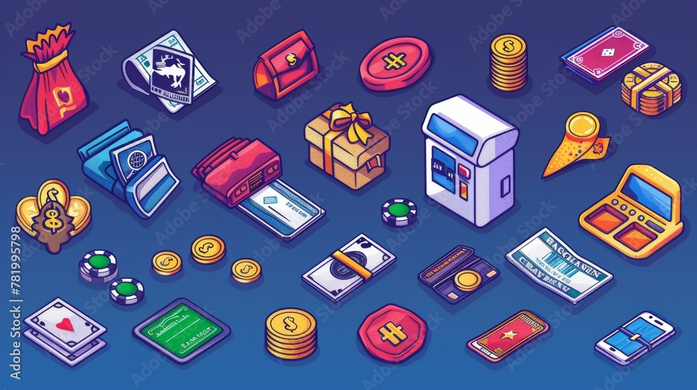 Isometric finance icons with money, bank, cards, and ATM. Economic ...