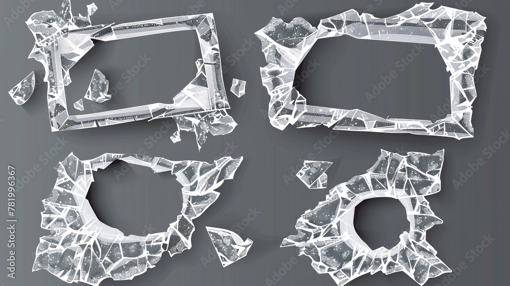 Glass with cracks and holes caused by impact or bullet. Modern ...