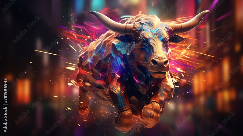 Design a digital CG 3D rendering of a majestic bull head bursting out ...