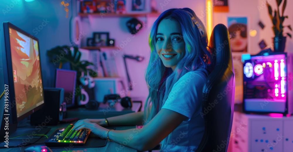A young woman with blue hair and white highlights sits at her gaming ...