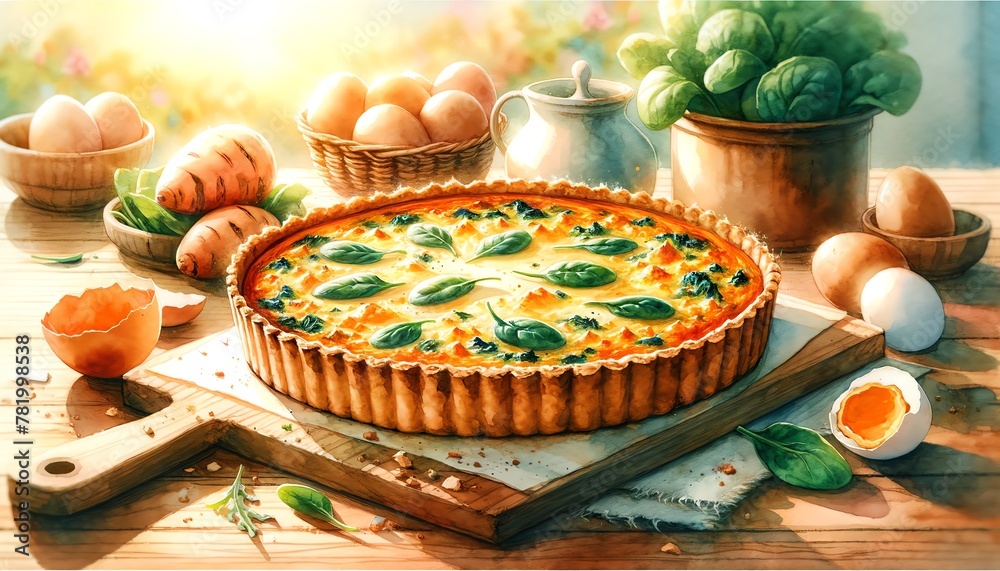 Watercolor Painting of a Quiche with a Gluten-Free Sweet Potato Crust ...