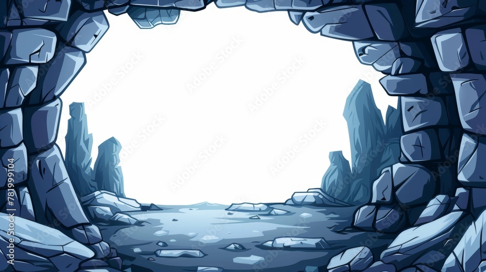 A stone cave entrance with an empty white space inside. Modern template ...