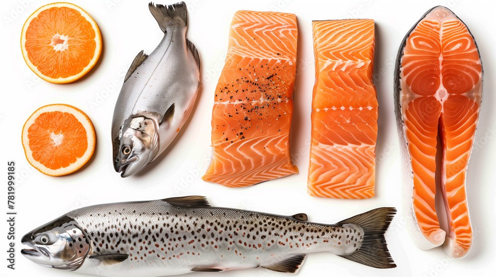 Top view of a set of whole and cut salmon isolated on a white ...