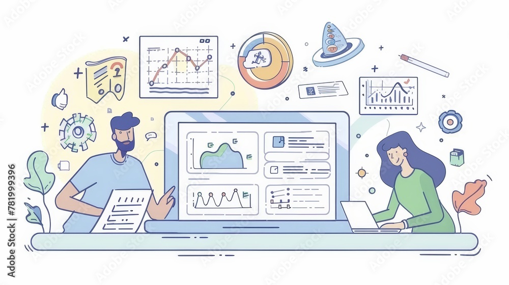 Data analysis doodle illustration featuring a man with laptop, a woman ...