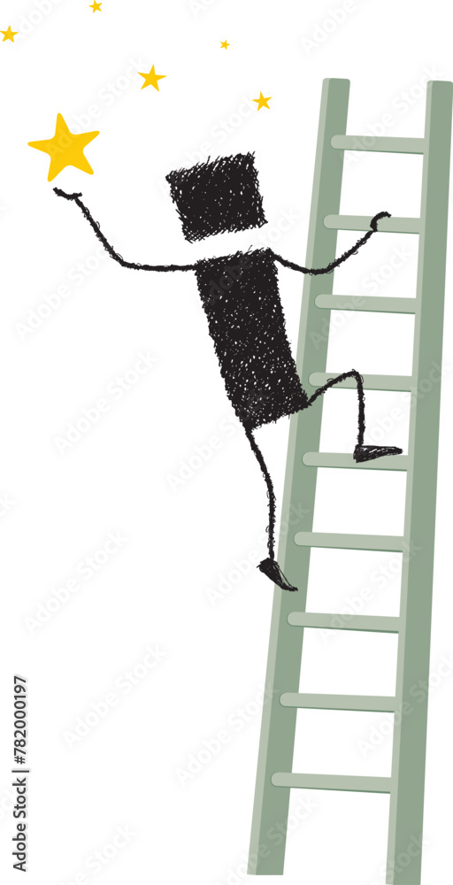 Achieving a dream, stick figure. A stick figure climbs a ladder to ...