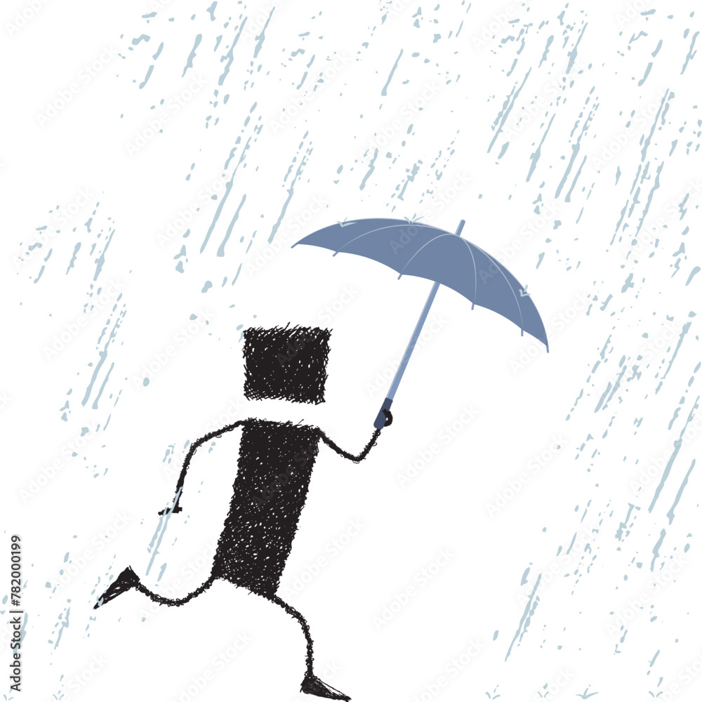 It is raining, stick figure. A stick figure walks in the rain protected ...