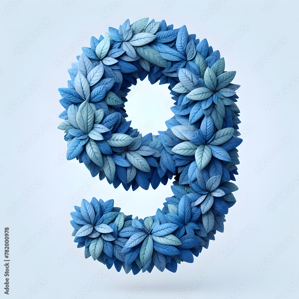 the number 9 is made out of blue Leaves, Isolated on a white background ...