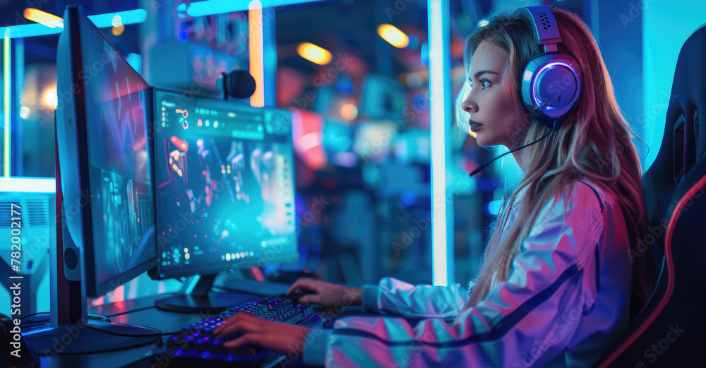 A young woman with blue hair and white highlights sits at her gaming ...