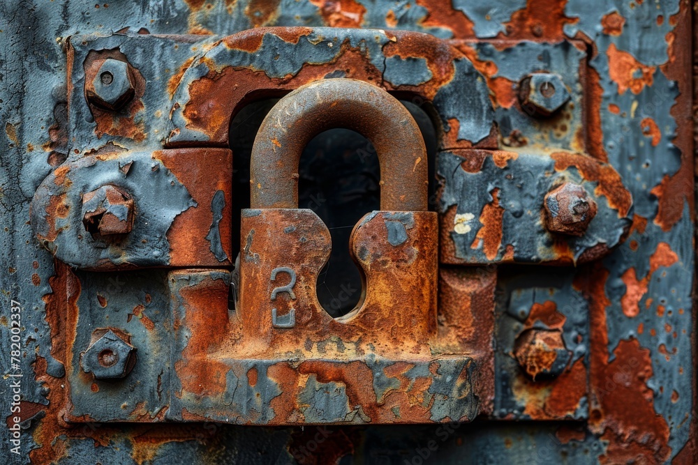 Focus on a heavily corroded and battered lock on a discolored rusty ...