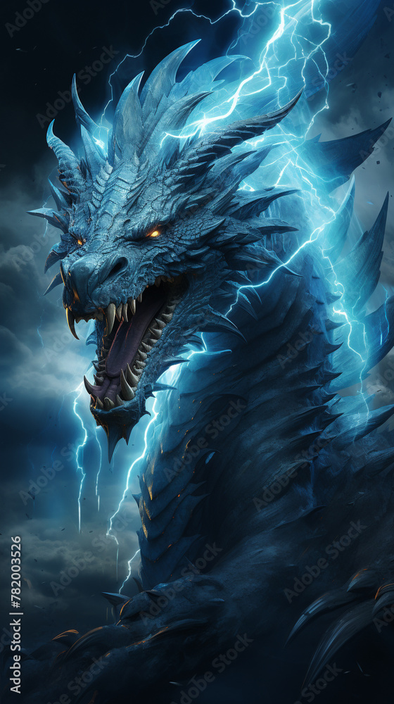 A detailed render of a lightning dragon, scales crackling with electric ...