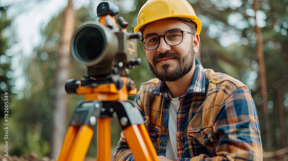 Surveyor builder An engineer conducting surveying work at an outdoor ...