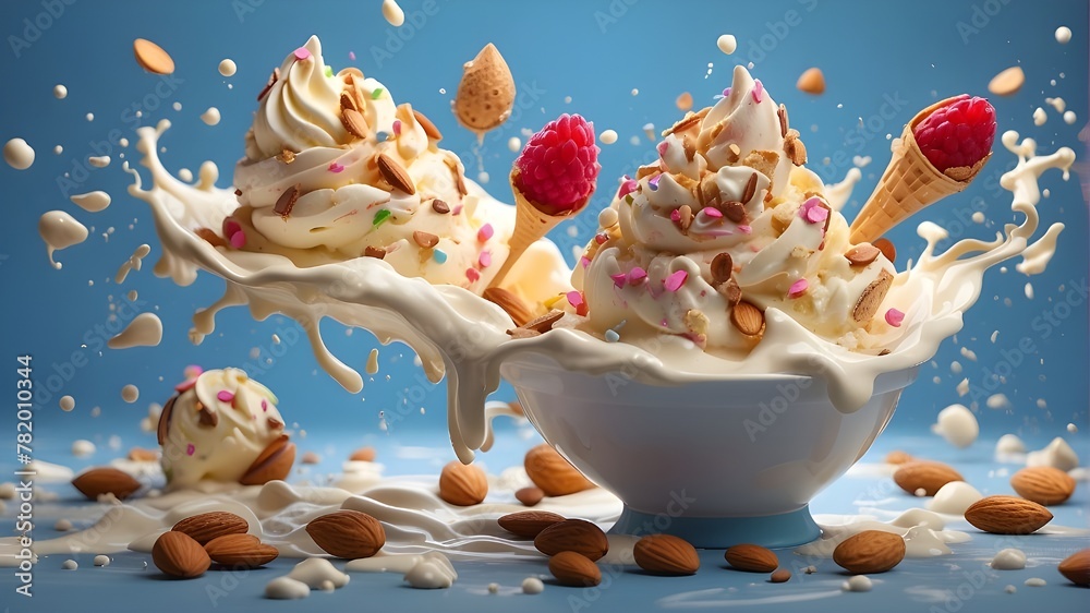 /imagine prompt: Dynamic Ice Cream Scoops Splash in Milk with Almond ...