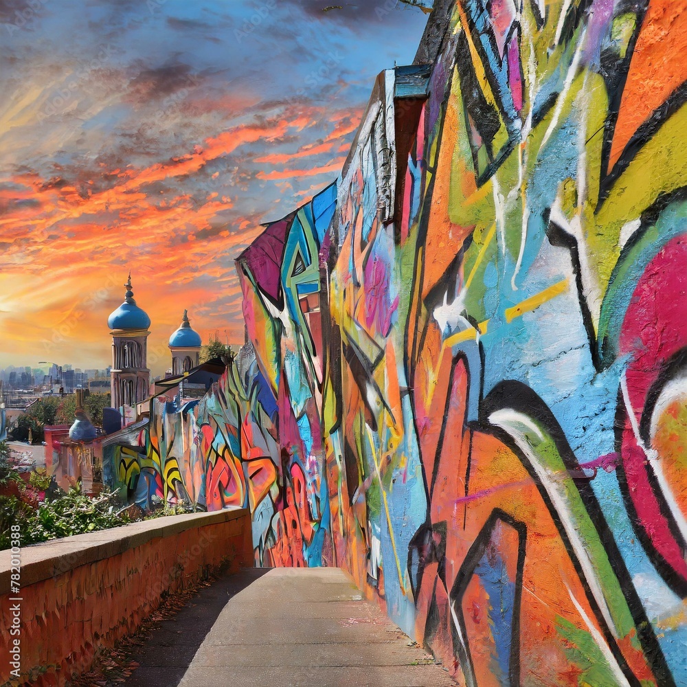 graffiti on the wall.a wall covered in vibrant graffiti paintings, with ...