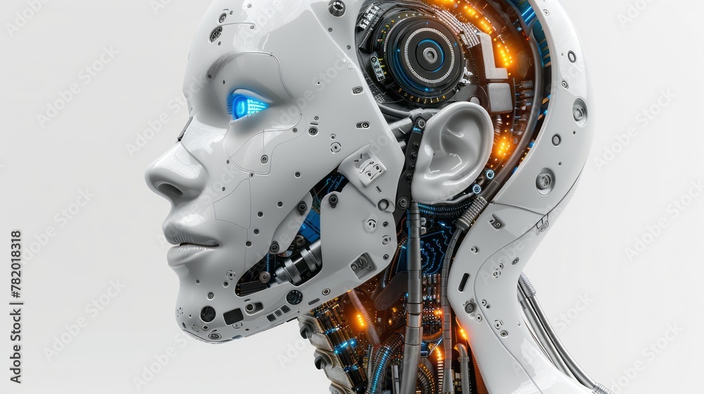 Artificial Intelligence Robot Head with digital graphic Brain Engine inside Isolated on white ...