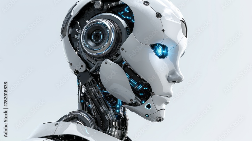 AI Artificial Intelligence Robot Head with digital graphic Brain Engine inside Isolated on white ...