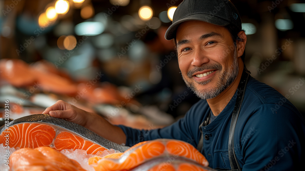 Fishmonger with fresh catch fish market. Healthy seafood concept for ...