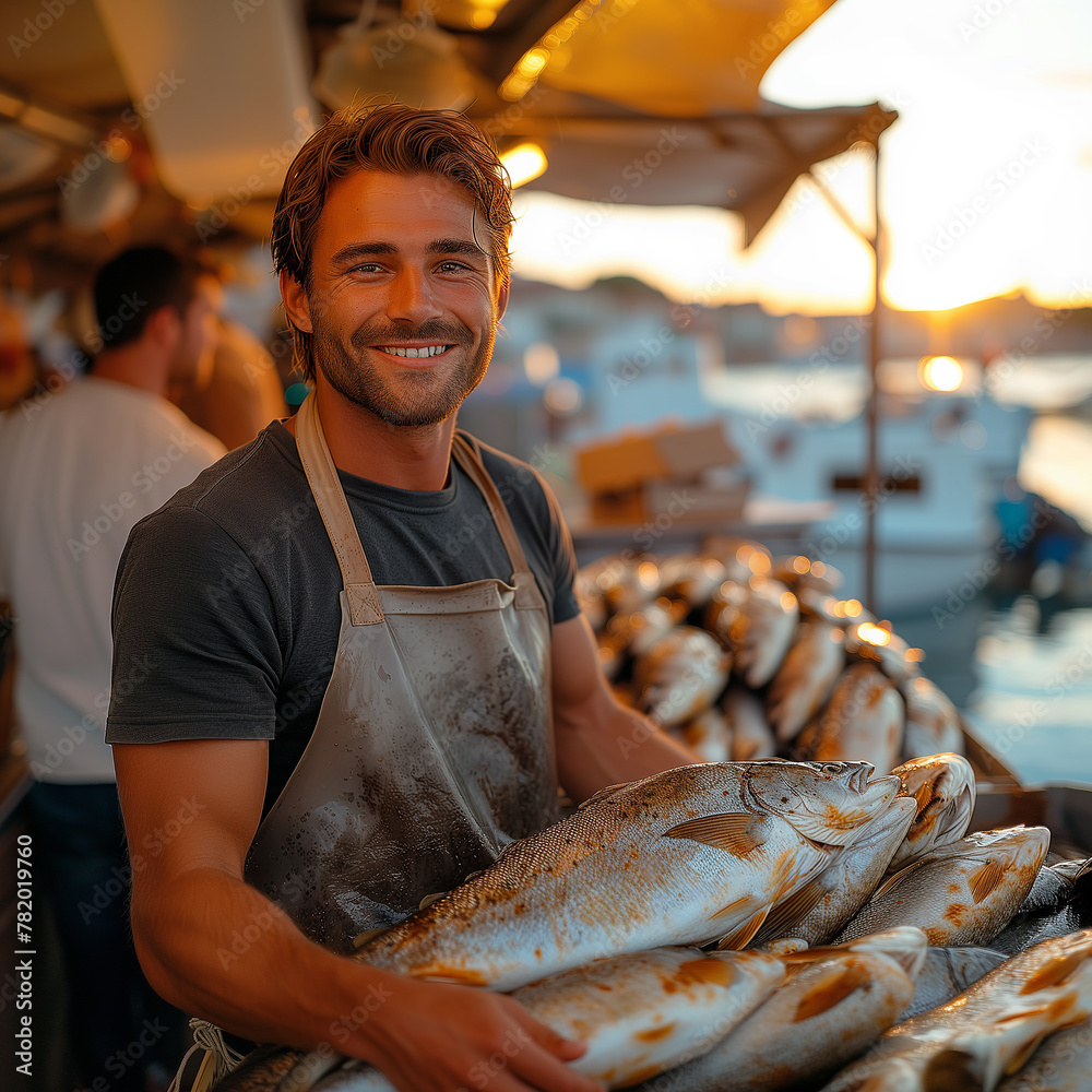 Young fishmonger with fresh catch fish market. Healthy seafood concept ...