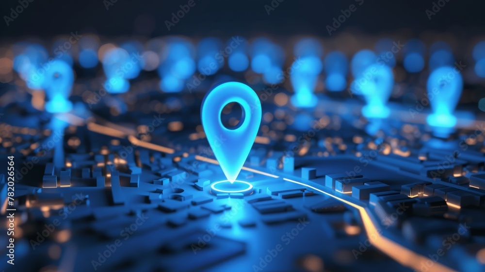 Blue location pin icon prominently displayed on an urban city map ...