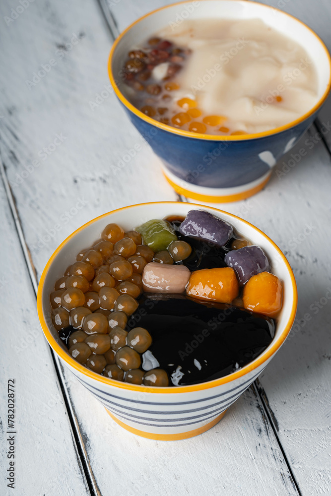 sweetened tapioca pearls with taro balls in grass jelly Stock Photo ...